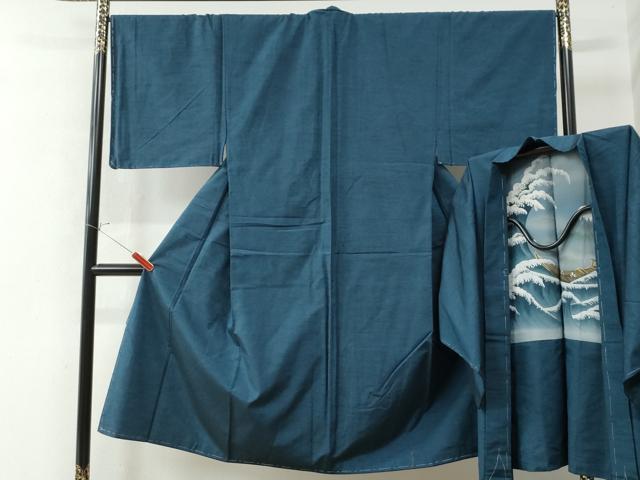 平和屋着物●男性　紬　アンサンブル　色無地　紺地　正絹　逸品　未使用　CAAW7218yc