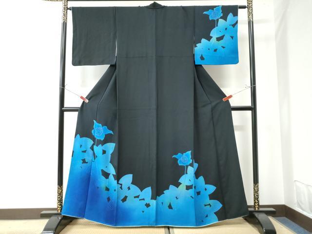 平和屋着物●訪問着　草花文　黒地　金彩　正絹　逸品　CAAW7306yc