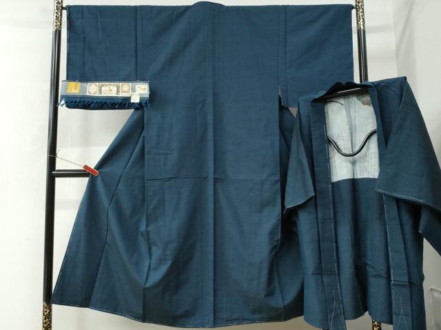 平和屋着物●男性　紬　髭紬羽織セット　色無地　濃藍色　証紙付き　正絹　逸品　未使用　CAAW7465yc