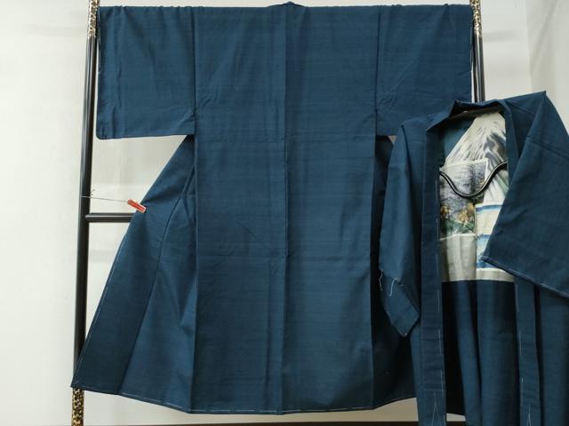 平和屋着物●男性　紬　アンサンブル　色無地　濃藍色　正絹　逸品　未使用　CAAW7527yc
