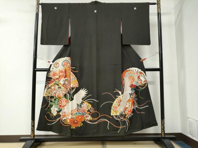 平和屋着物●アンティーク　大正ロマン　黒留袖　駒刺繍　飛鶴檜扇牡丹吉祥花文　金彩　正絹　逸品　CAAW7591yc
