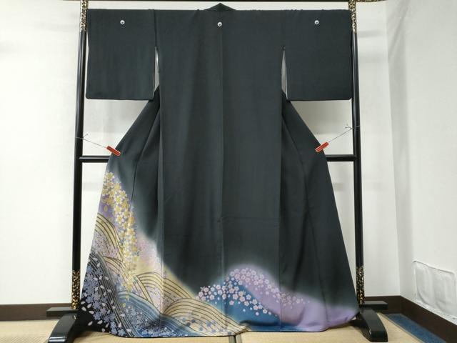 平和屋着物●豪華黒留袖　舞桜文　暈し染め　金彩　正絹　逸品　CAAW7695yc