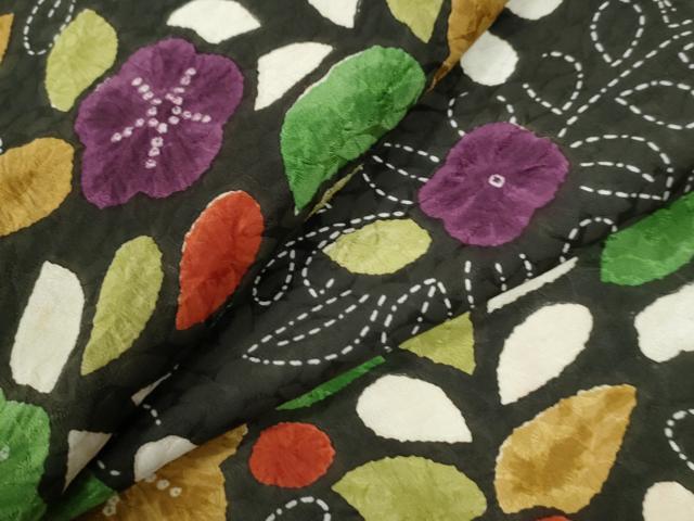 平和屋着物●上質な小紋　絞り　草花文　黒地　正絹　逸品　CAAW7697yc