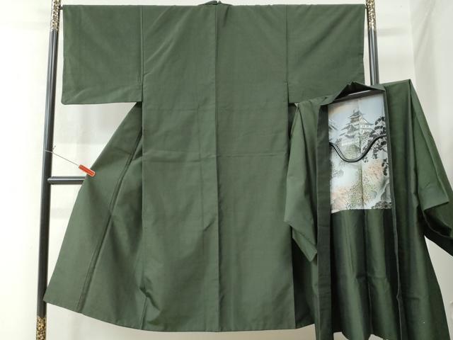 平和屋着物●男性　紬　アンサンブル　色無地　黒緑色　正絹　逸品　CAAW7721yc