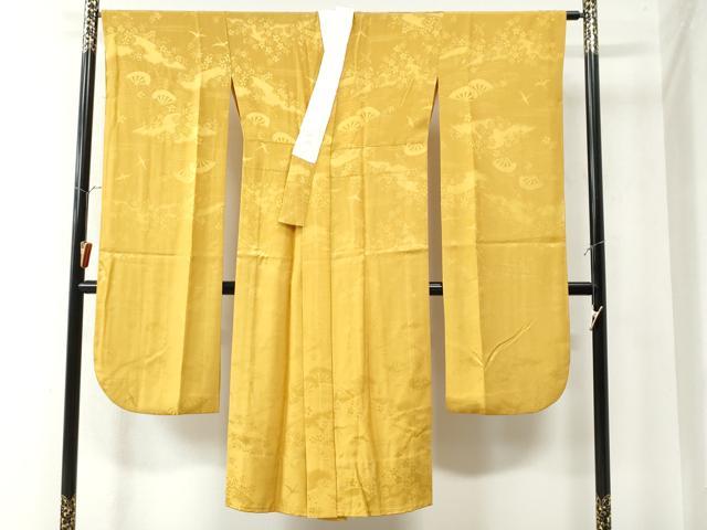平和屋着物●振袖用長襦袢　無双仕立て　飛鶴片輪車舞桜地紋　鬱金色　正絹　逸品　CAAW7724yc