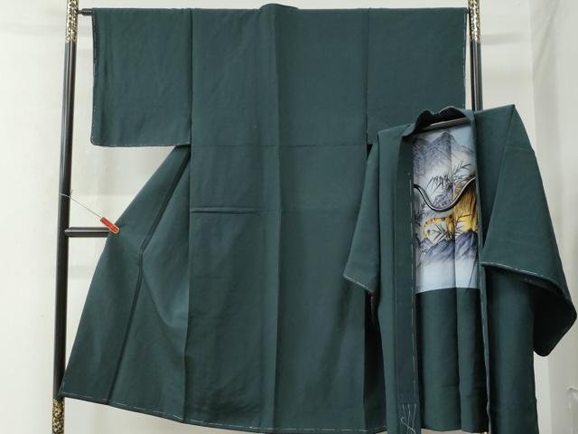 平和屋着物●男性　紬　アンサンブル　色無地　黒緑色　正絹　逸品　未使用　CAAW7730yc