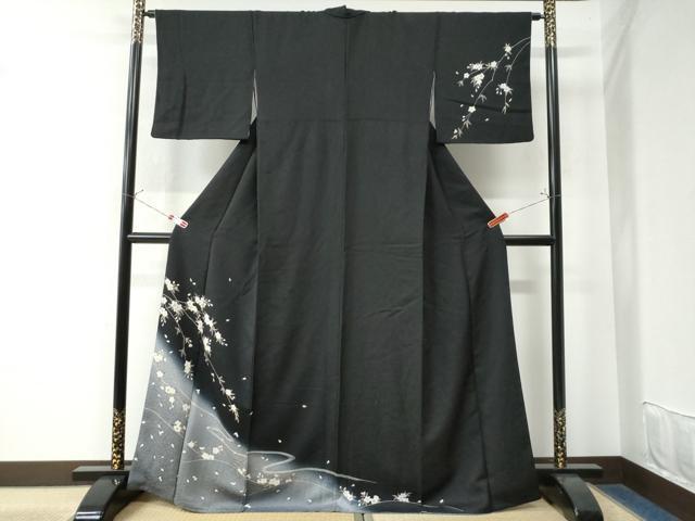 平和屋着物●訪問着　枝桜文　暈し染め　黒地　まるやま扱い　正絹　逸品　CAAW7734yc