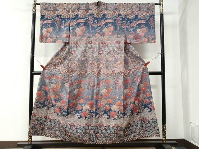 平和屋着物●訪問着　紬地　鳳凰網目花蝶文　正絹　逸品　CAAW7743yc