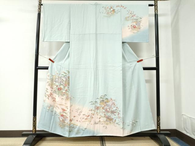 平和屋着物●訪問着　几帳陶器扇花蝶文　暈し染め　金彩　正絹　逸品　CAAW7776yc