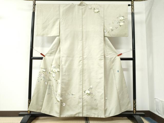 平和屋着物●十日町友禅作家　越村幸雪　訪問着　白山紬　枝花文　練色　正絹　逸品　CAAW7777yc