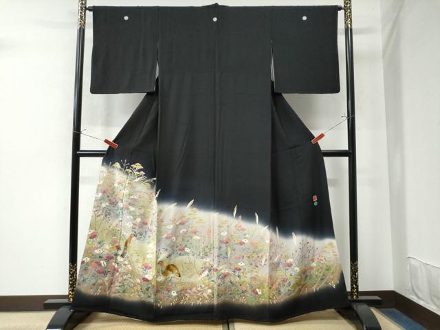 平和屋着物●本加賀友禅作家　百貫華峰　黒留袖　休み鳥草花文　暈し染め　正絹　逸品　CAAW7786yc