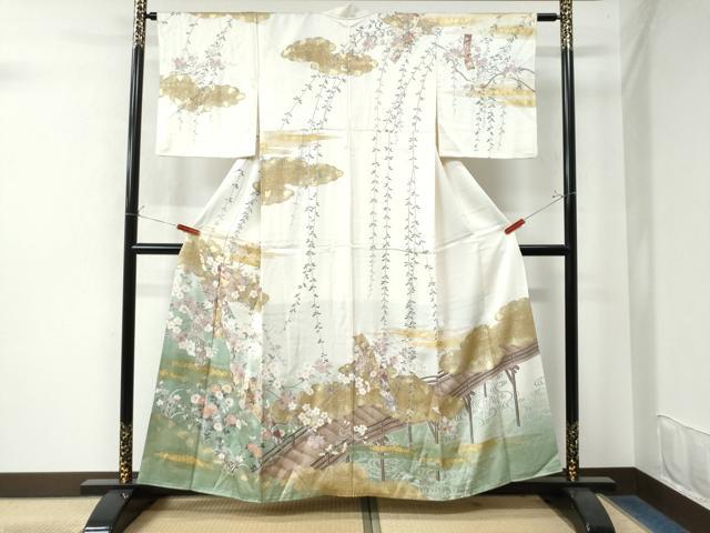 平和屋着物●訪問着　雲取り渡り橋短冊草花文　金彩　正絹　逸品　CAAW7822yc