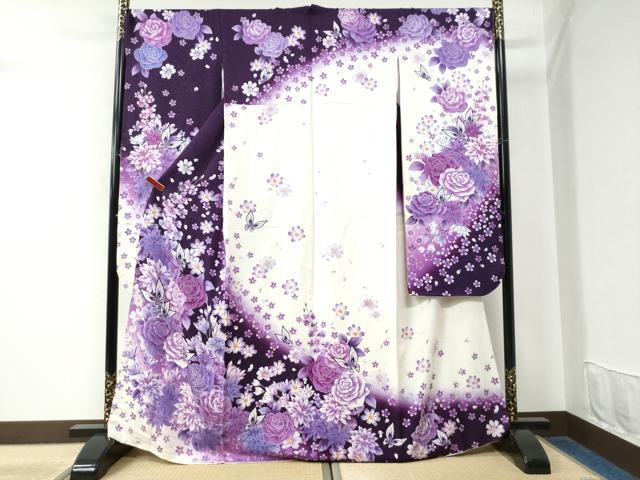 平和屋着物●豪華振袖　薔薇　花蝶文　ラインストーン　暈し染め　銀通し地　正絹　逸品　CAAW7883yc