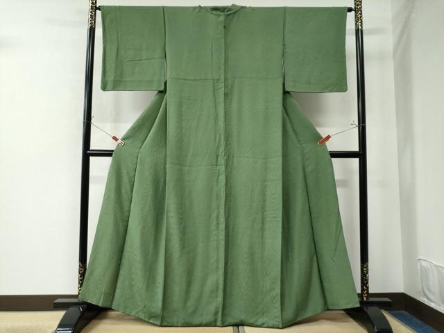 平和屋着物●上質な色無地　杢目地紋　草色　正絹　逸品　CAAW7933yc