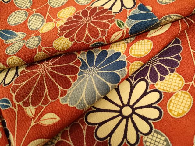 平和屋着物●上質な小紋　型染め　枝菊文　鬼しぼ縮緬　正絹　逸品　CAAW7995yc