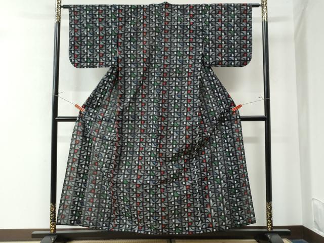 平和屋着物○久留米絣 単衣 幾何学花文 黒地 綿 逸品 AAAV7445zg