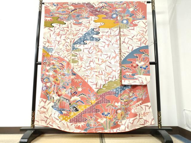 平和屋着物●豪華振袖　型染め　飛鶴渡り橋松竹梅風景文　正絹　逸品　CAAW8350yc