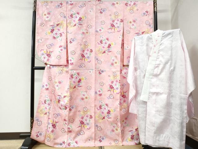 平和屋着物●小振袖　二尺袖　長襦袢セット　折り鶴舞花文　金彩　半衿刺繍　洗える着物　CAAW8382yc