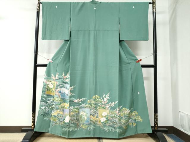 平和屋着物●十日町友禅作家　阿部佳雪　色留袖　色紙群鶴浜松花文　正絹　逸品　CAAW8387yc