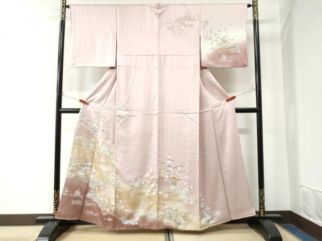 平和屋着物●訪問着　雲取りエ霞渡り橋草花文　暈し染め　金彩　正絹　逸品　CAAW8454yc