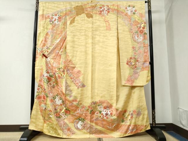 平和屋着物●豪華振袖　駒刺繍　束ね熨斗鳳凰草花丸文　金彩　正絹　逸品　CAAW8575yc