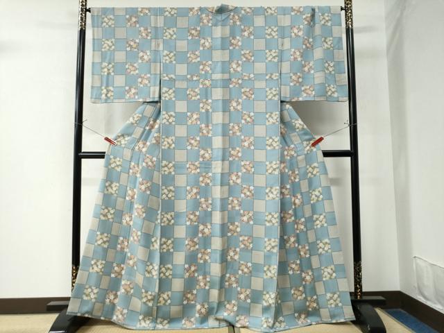 平和屋着物●上質な小紋　市松鹿の子草花文　正絹　逸品　CAAW8598yc