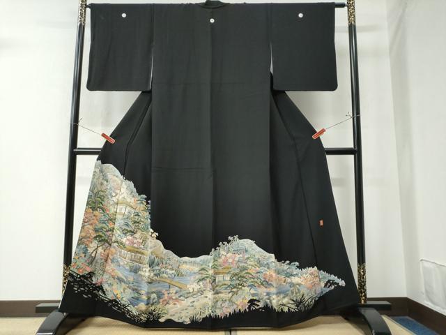 平和屋着物●本加賀友禅作家　谷崎善治　黒留袖　遠山水辺渡り橋風景文　正絹　逸品　CAAW8657yc