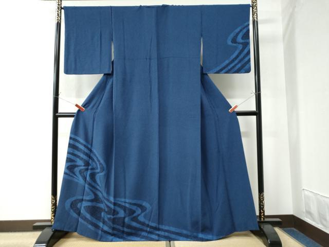 平和屋着物●訪問着　藍　流水文　まるやま扱い　正絹　逸品　CAAW8717yc