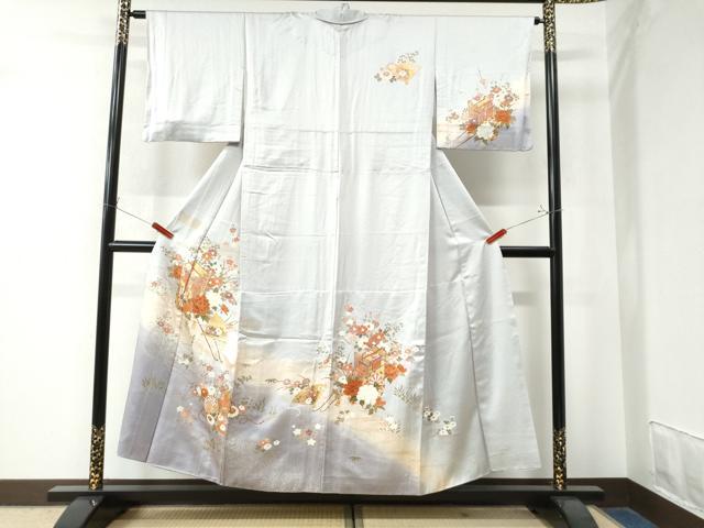 平和屋着物●訪問着　胴抜き仕立て　御所車檜扇鼓草花文　暈し染め　金彩　正絹　逸品　CAAW8728yc