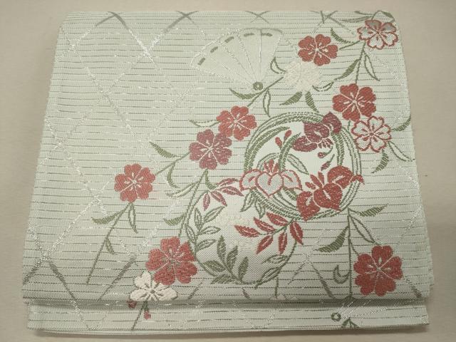 平和屋着物＊夏物　六通柄　京袋帯　唐織　檜扇草花丸文　銀糸　化繊　CAAW8930oy