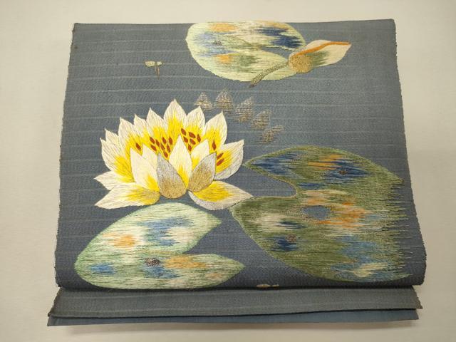 平和屋着物＊夏物　アンティーク　大正ロマン　八寸名古屋帯　一重帯　刺繍　蓮　金銀糸　正絹　逸品　CAAW8968oy