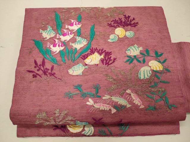 平和屋着物＊夏物 アンティーク 大正ロマン 九寸名古屋帯 刺繍 魚 海老