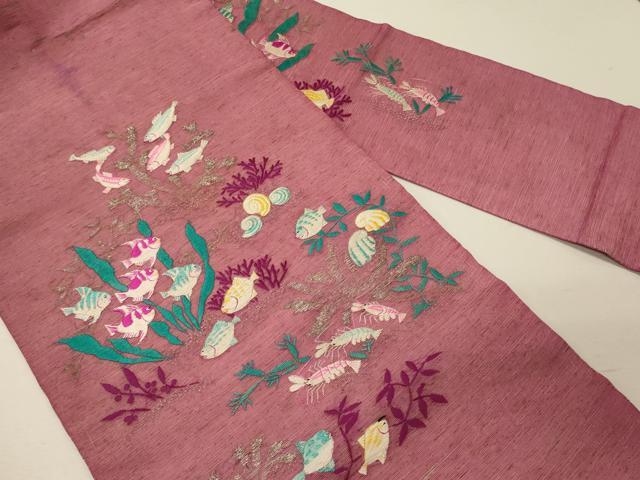 平和屋着物＊夏物 アンティーク 大正ロマン 九寸名古屋帯 刺繍 魚 海老