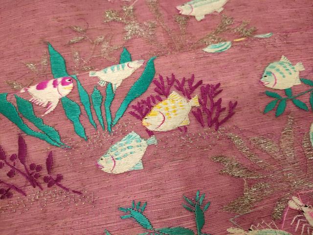 平和屋着物＊夏物　アンティーク　大正ロマン　九寸名古屋帯　刺繍　魚　海老　銀糸　正絹　逸品　CAAW8987oy 平和屋着物＊夏物 アンティーク 大正ロマン 九寸名古屋帯 刺繍 魚 海老