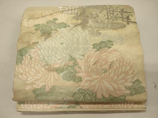 平和屋着物＊夏物　アンティーク　大正ロマン　丸帯　塩瀬　風景花文　銀糸　正絹　逸品　CAAW8994oy