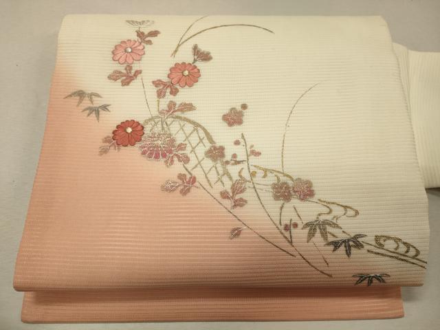 平和屋着物＊夏物 九寸名古屋帯 刺繍 草花文 金銀彩 正絹 逸品