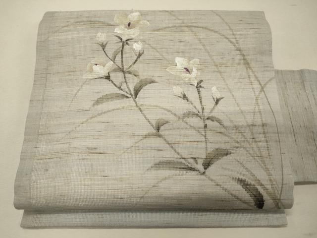 平和屋着物＊夏物　九寸名古屋帯　手描き　草花文　麻　逸品　CAAW9017oy