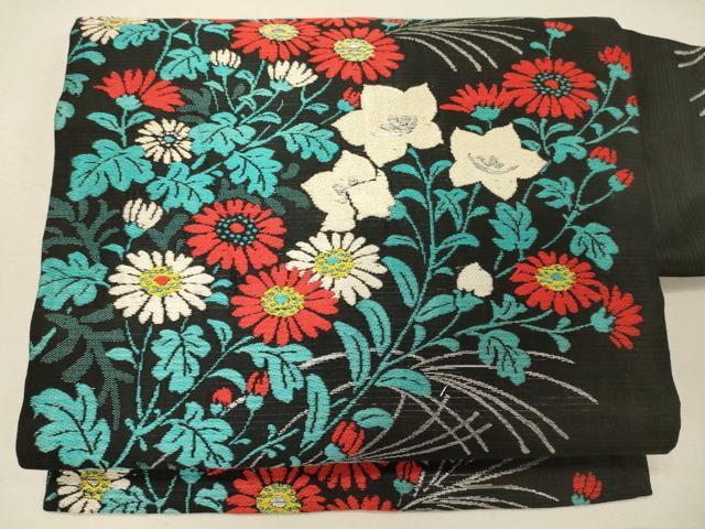 平和屋着物＊夏物　アンティーク　大正ロマン　九寸名古屋帯　唐織　草花文　黒地　銀糸　正絹　逸品　CAAW9029oy