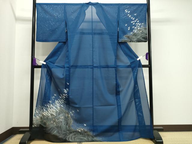 平和屋着物＊夏物　訪問着　絽　立波群鶴文　金銀彩　洗える着物　CAAW9880gh