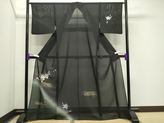 平和屋着物＊夏物　訪問着　絽　孔雀花文　暈し染め　黒地　金銀彩　正絹　逸品　CAAW9918gh