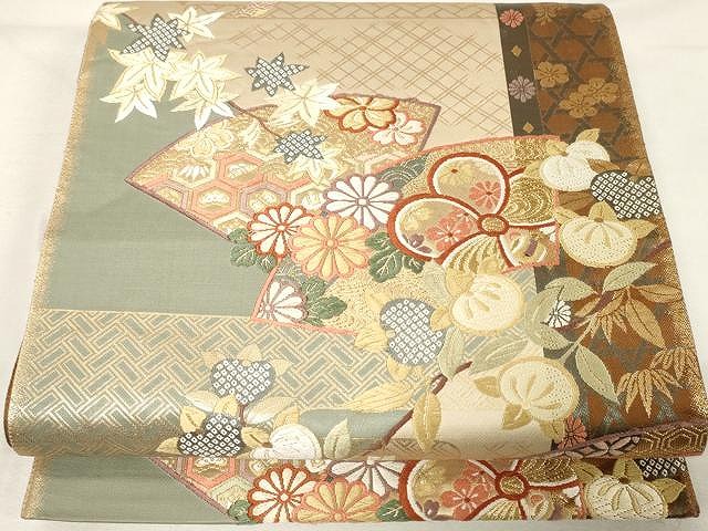 平和屋着物●六通柄袋帯　唐織　地紙重ね花文　金糸　正絹　逸品　CAAX0534yk