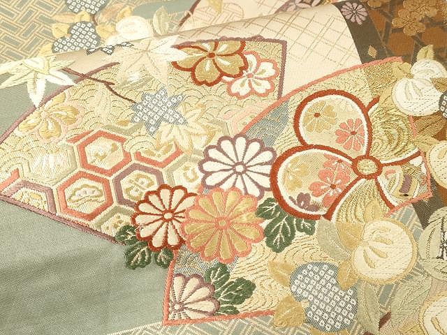 平和屋着物○六通柄袋帯 唐織 地紙重ね花文 金糸 正絹