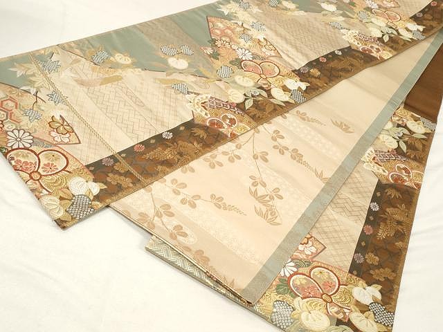 平和屋着物●六通柄袋帯　唐織　地紙重ね花文　金糸　正絹　逸品　CAAX0534yk 平和屋着物○六通柄袋帯 唐織 地紙重ね花文 金糸 正絹