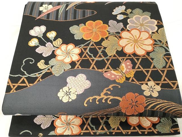 平和屋着物●六通柄袋帯　唐織　籬舞蝶花文　金糸　正絹　逸品　CAAX0537yk