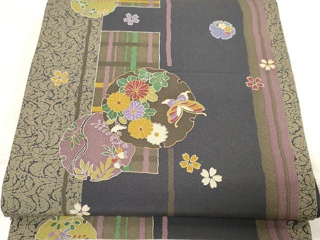 平和屋着物●全通柄袋帯　雪輪重ね舞蝶花文　金彩　正絹　逸品　CAAX0555yk