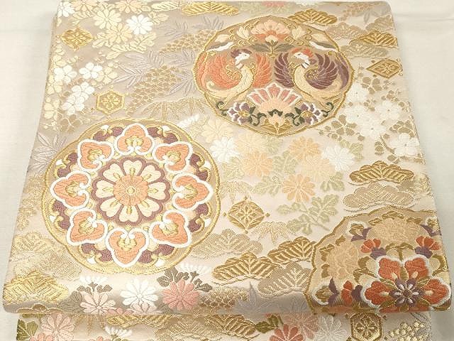 平和屋着物●六通柄袋帯　唐織　絵皿向かい鳥花文　金糸　正絹　逸品　CAAX0604yk