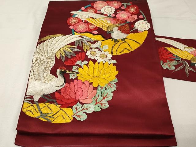 平和屋着物●アンティーク　大正ロマン　九寸名古屋帯　総刺繍　飛鶴花丸文　金銀糸　正絹　逸品　CAAX0641yk