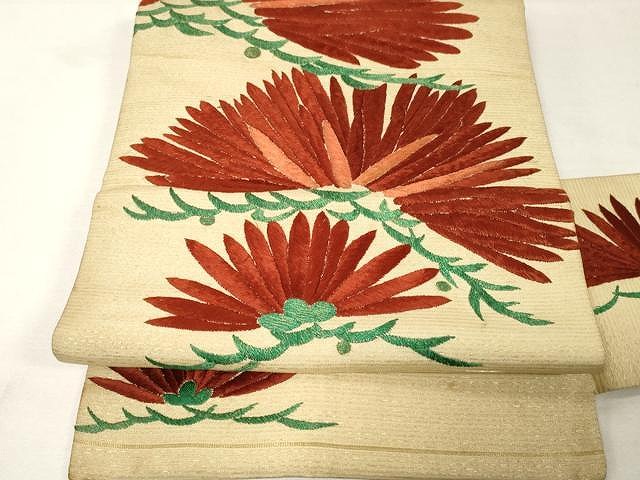 平和屋着物●アンティーク　大正ロマン　九寸名古屋帯　総刺繍　枝菊文　金通し地　正絹　逸品　CAAX0643yk