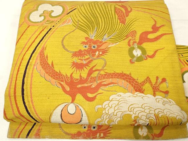 平和屋着物●アンティーク　大正ロマン　九寸名古屋帯　駒刺繍　紬地　龍　金銀糸　正絹　逸品　CAAX0644yk