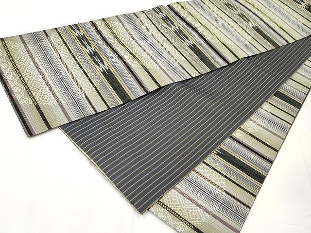 平和屋着物●両面　全通柄袋帯　花織　紬地　横段文　正絹　逸品　未使用　CAAX0761yk